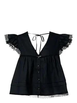 GANNI Lace-trimmed Linen Top - Black