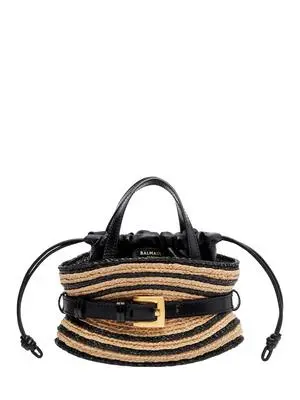 Balmain Balmain Raffia-Effect Striped Top-Handle Bag Beige