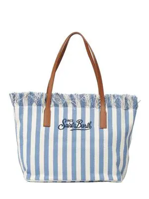 MC2 SAINT BARTH Mc2 Saint Barth Cotton Tote Bag With Embroidered Logo And Fringe Detail Blue 2