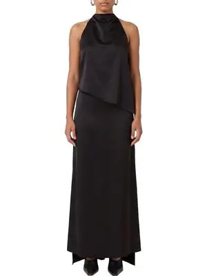 Sportmax Dolmen Long Satin Halterneck Dress - Black