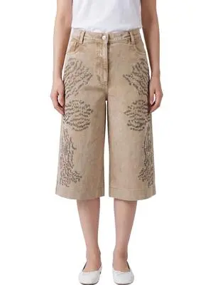 Patrizia Pepe Denim Bermuda Shorts With Rhinestone Embellishments - Sand