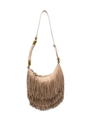 Balmain Suede Shoulder Bag With Fringes And Embossed Logo - Nude