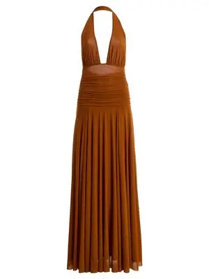 Staud Alessandra Pleated Halterneck Maxi Dress - Brown