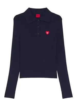 Hugo Ribbed Crepe Polo Sweater With Heart Badge - Blue