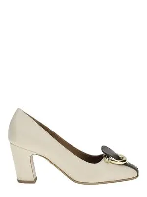 FERRAGAMO Leather Block Heel Pumps With Gancini Detail - Multicolor