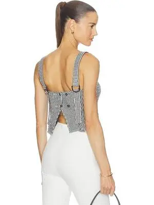 Free People Gingham Cropped Top With Back Button Closure - Black & White Combo