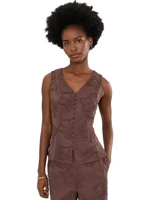 Vince Camuto Sleeveless V-neck Button-front Embroidered Tank - Brown