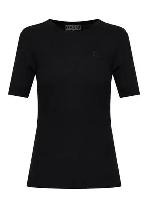 GANNI Ribbed Top With Embroidered Logo - Black