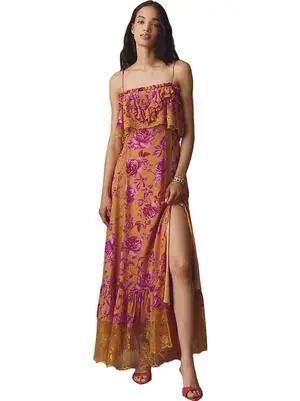 Bhldn Ruffle Lace-trim Maxi Dress - Pink Floral