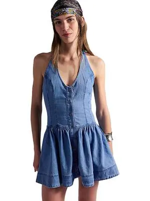 Free People Clean Break Denim Mini Dress - Cornflower Wash