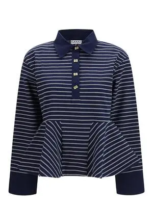 GANNI GANNI Striped Peplum Polo Shirt Blue