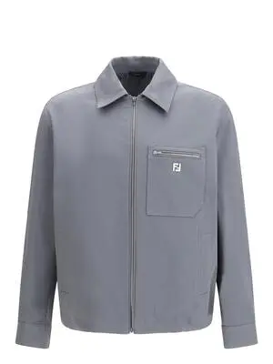 Fendi Cotton Zip-up Jacket With Ff Logo Plaque - Gray