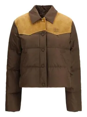 Miu Miu Logo Hooded Puffer Jacket - Brown