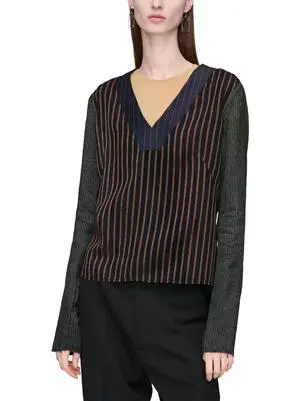 MAISON MARGIELA Patchwork Pinstripe V-neck Top - Brown