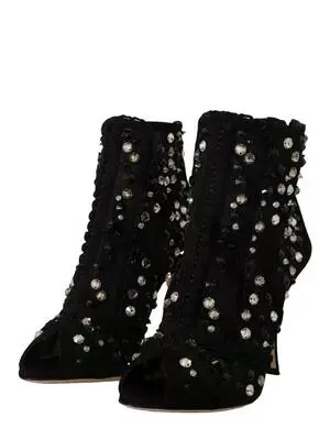 Dolce & Gabbana Embellished Peep-toe Ankle Boots - Black