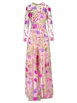Naeem Khan Floral Embroidered Long Sleeve Maxi Dress - Pink