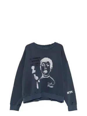 SONG FOR THE MUTE Graphic Print Distressed Sweatshirt - Blue