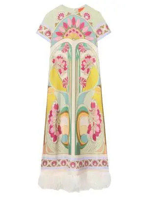 La DoubleJ Tulip Placed Silk Twill Dress With Feather Trim - Green