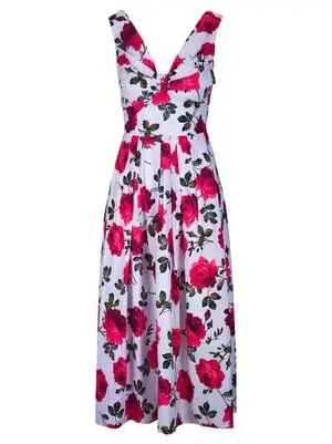 Carolina Herrera Floral Print Pleated V-neck Dress - White