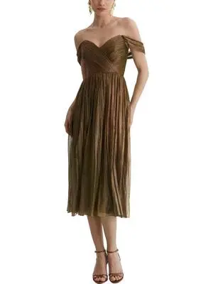 FRAMBOISE Giavera Pleated Off-shoulder Midi Dress - Brown