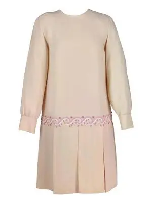 Vintage Embroidered Detail Pleated Wool Midi Dress - Neutrals