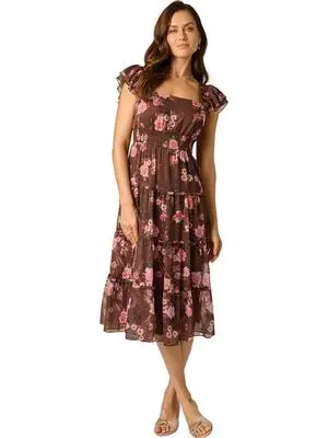 Adrianna Papell Flutter Sleeve Floral Metallic Chiffon Midi Dress - Brown Multi