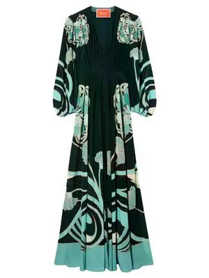 La DoubleJ Blooming Tulip Placed Dark Crepe De Chine Long Camerino Dress - Green
