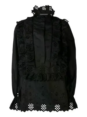 Alberta Ferretti Embroidered Ruffled Bib Blouse - Black