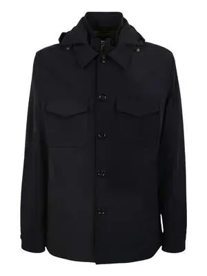 MOORER Dark Hooded Button-up Jacket - Blue