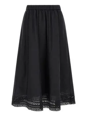Max Mara Linen Canvas Midi Skirt With Embroidered Trimmings - Black
