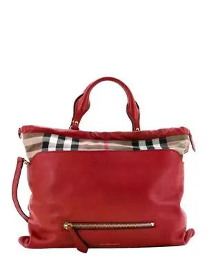 Burberry Large Tote Bag In Leather And House Check Canvas - Red