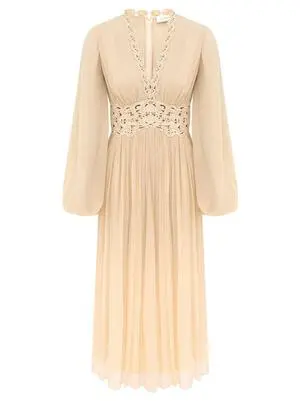 Zimmermann Midi Luna Billow Lace-detail Pleated Dress - Cream