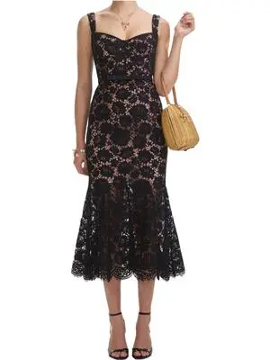 SELF-PORTRAIT Fine Lace Midi Dress With Detachable Belt - Black