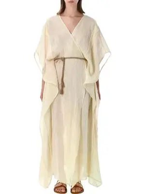 120% Lino V-neck Belted Kaftan - Yellow