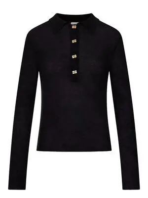 GANNI Ribbed Knit Polo Top - Black