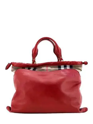 Burberry Large Tote Bag In Leather And House Check Canvas - Red