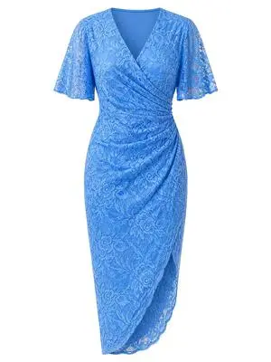 GIRL IN MIND Natasha Lace Angel Sleeve Wrap Midi Dress - Blue