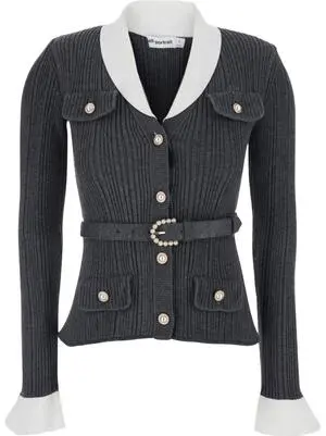 SELF-PORTRAIT Self-Portrait Contrast Collar Belted Cardigan Grey
