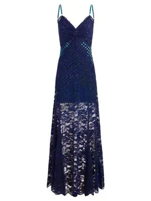 Rabanne Navy Lace Texture Floral Pattern V-neck Dress - Blue