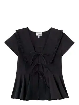 GANNI Ruffled Collar Peplum Top - Black