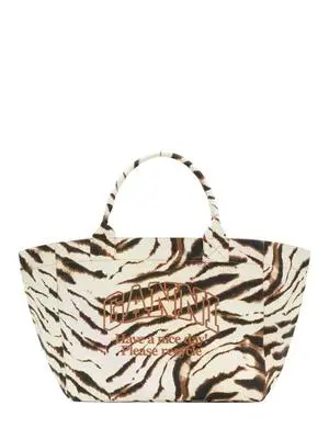 GANNI Zebra-print Logo-embroidered Tote Bag - Neutrals