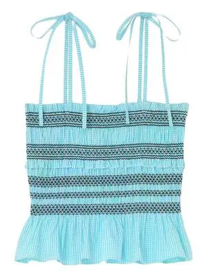 GANNI Shirred Gingham Check Top - Blue