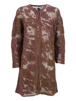KANGRA Sequin Embellished Floral Embroidery Coat - Brown