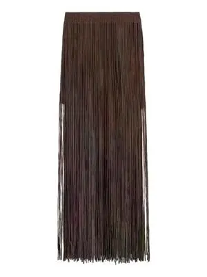 ALYSI Fringed Woven Waistband Maxi Skirt - Brown