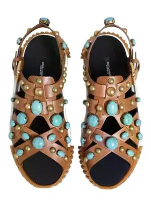 Dolce & Gabbana Embellished Studded Slingback Sandals - Brown