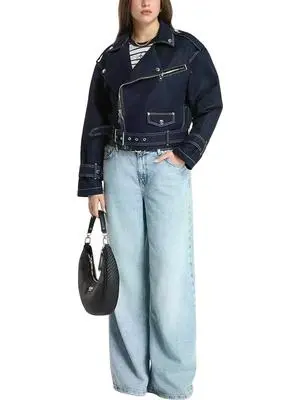 Guess Belted Contrast-stitch Biker Jacket - Blue