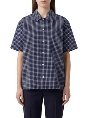 DUNST Check Pattern Cotton-blend Shirt With Patch Pocket And Dropped Shoulders - Blue