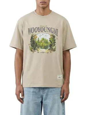 WOOYOUNGMI Graphic-print And Contrast-logo Cotton Crewneck T-shirt - Beige