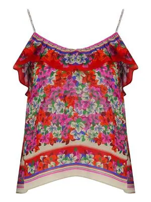 Essentiel Antwerp Floral Print Viscose Silk Top With Rhinestone Embellishments - Red