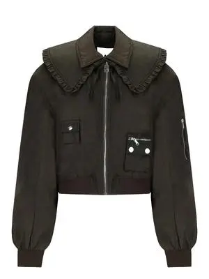 GANNI Nylon Bomber Jacket With Detachable Ruffled Collar - Brown